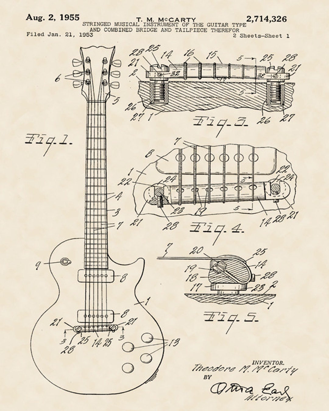 Music 16"x20" Guitar Musical Instrument 1955 Art Design American Patent ...
