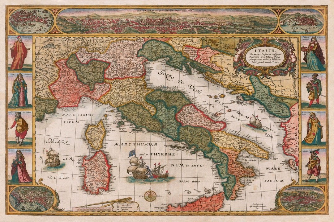 1640 Map of Italy Sardinia Corsica Bird's Eye View of Rome Venice Genoa ...