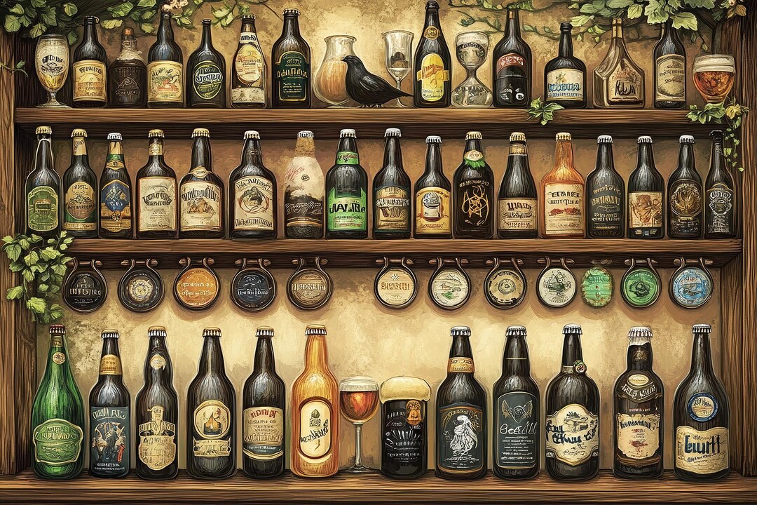 Bar Restaurant Shelf Various Bottle of Beers Old Beer Vintage Poster ...