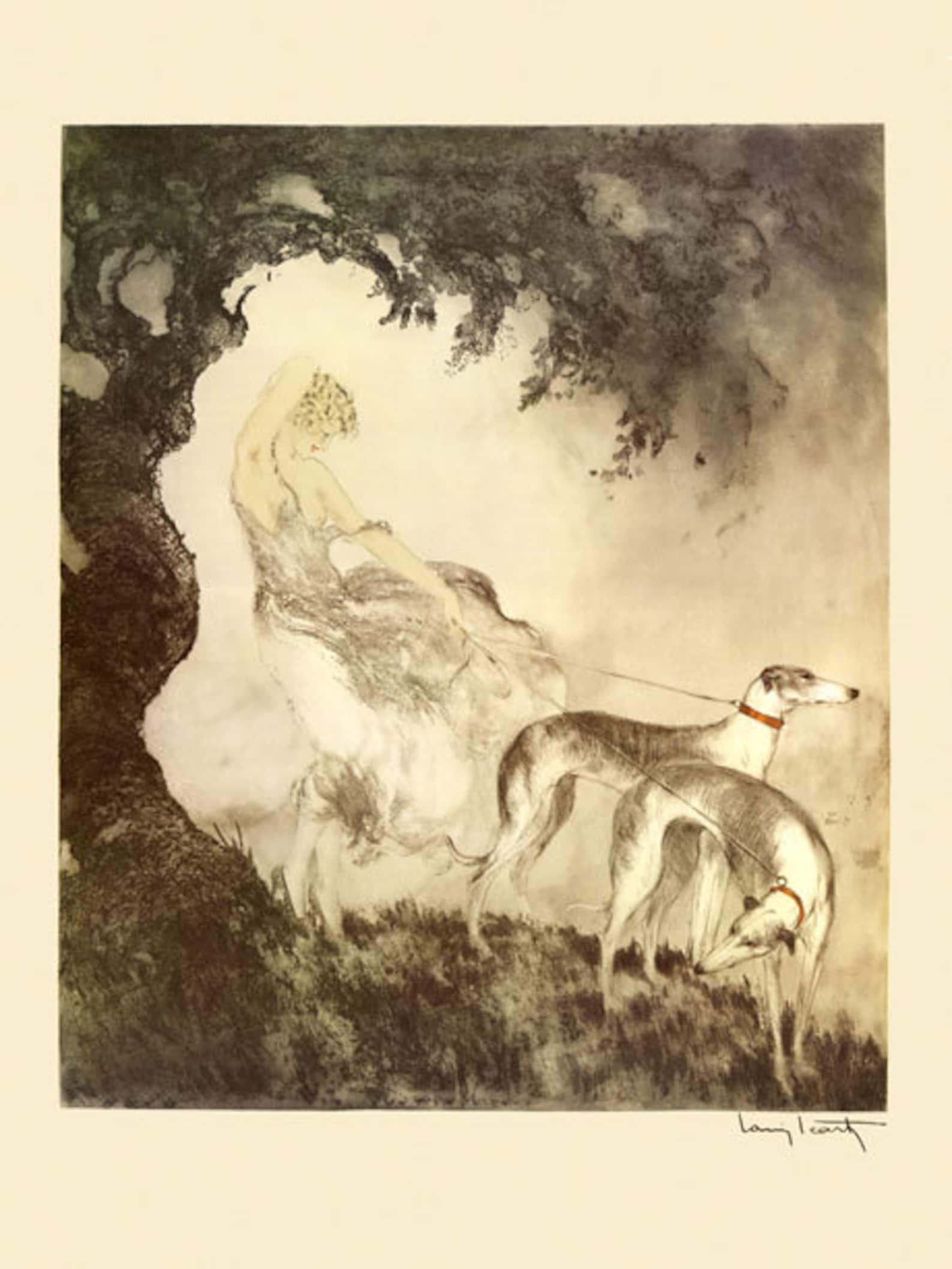 Icart Greyhounds Dogs Gust of Wind Lady by French Painter Louis Icart ...