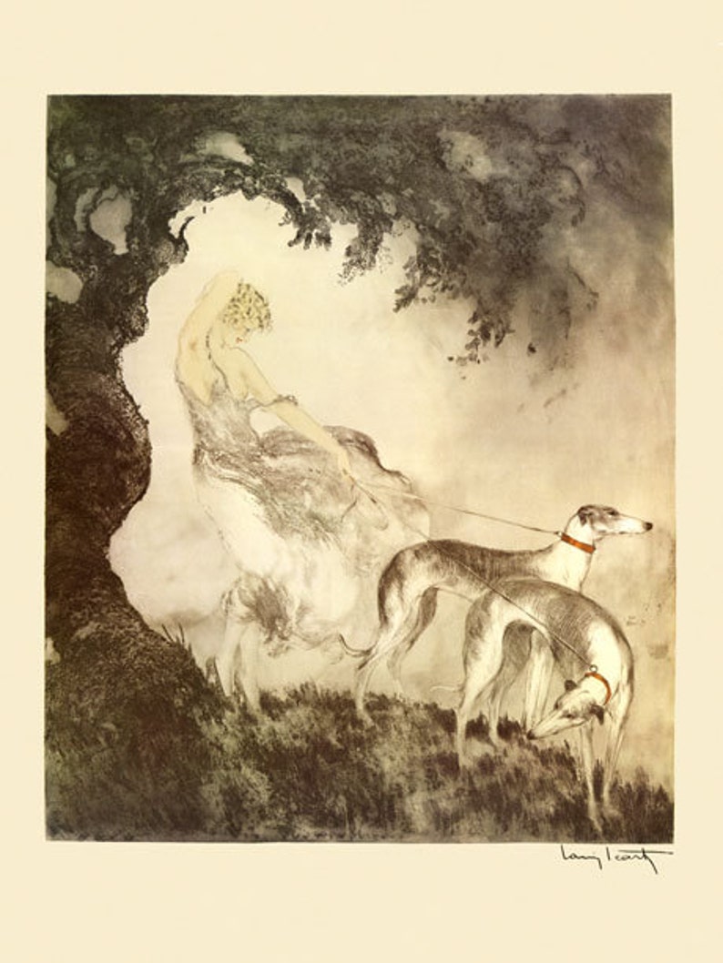 Icart Greyhounds Dogs Gust of Wind Lady by French Painter Louis Icart ...