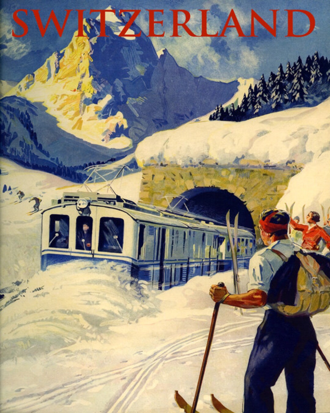 Ski 16"x20" Alps Switzerland Train Snow Mountains Skiing Winter Sport ...