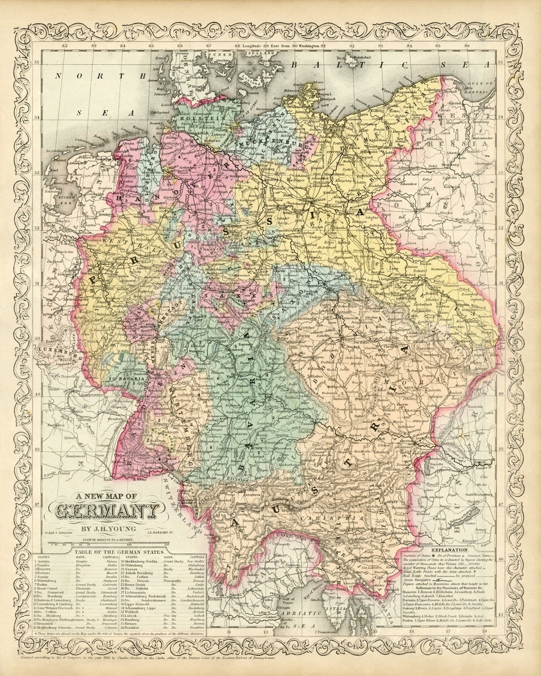 A New Map of Germany 1850 Rivers Canals Railroads Cities Table of ...