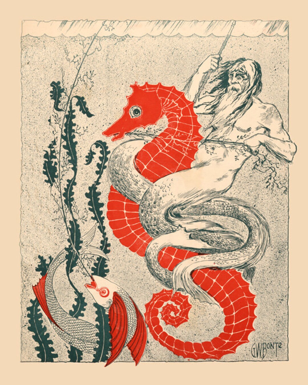 Merman 16"x20" Sea Creature Riding Red Seahorse Fish Ocean Vintage ...