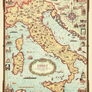 Pictorial Map of Italy 1935 Churches Touristic Landmarks Monuments ...
