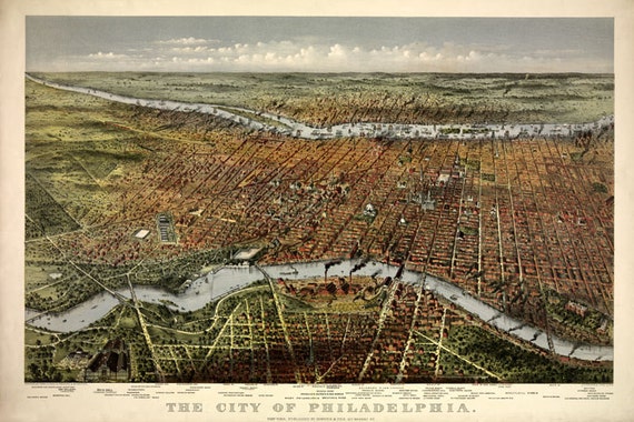 Map Philadelphia Pennsylvania Bird Eye View American US Travel | Etsy