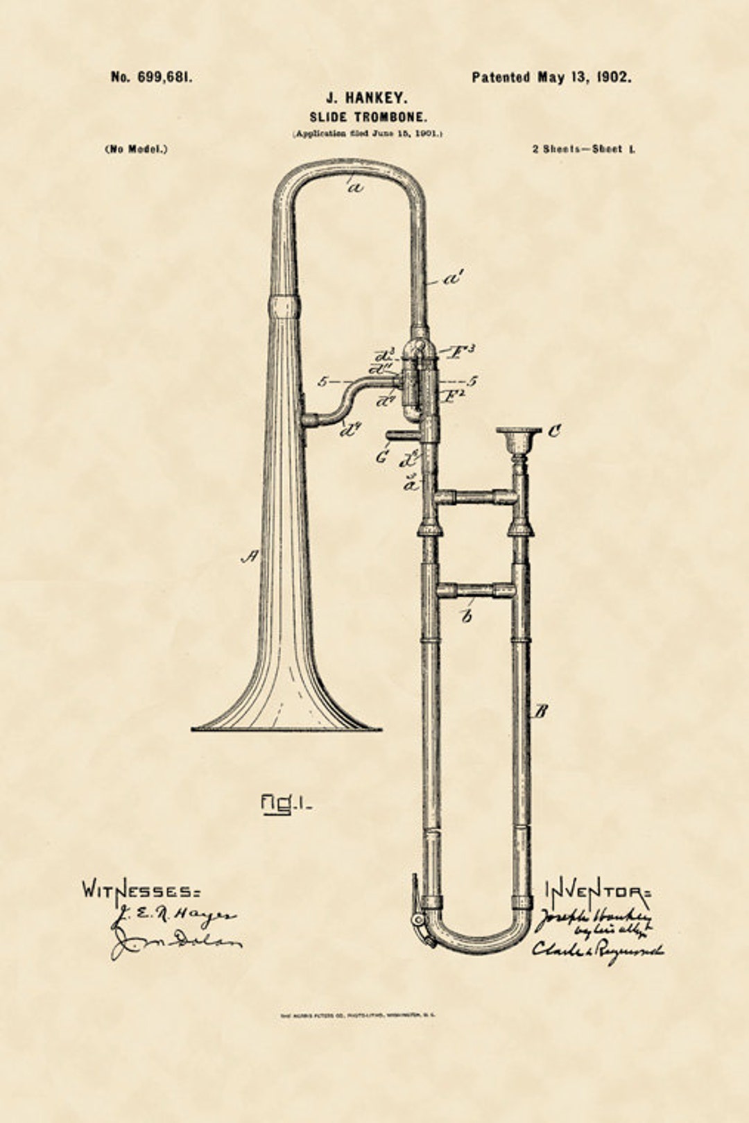 Music Slide Trombone Musical Instrument 1902 Design Art Patent Vintage ...