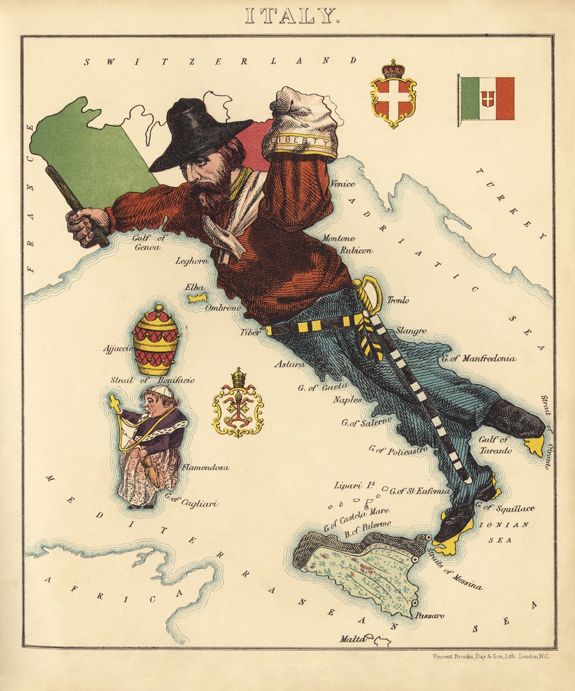 1868 Map of Italy Geographic Cartoon on Italy Risorgimento Unification ...