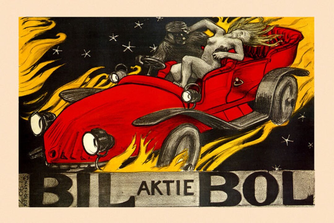 Car Diabolic Flaming Red Cabriolet Flying Bil Aktie Bol Vintage Poster ...