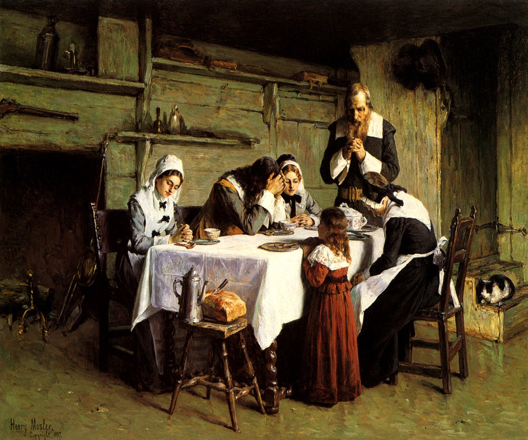 A Pilgrim's Grace Puritan Family Thanksgiving American Colonial 1897 ...