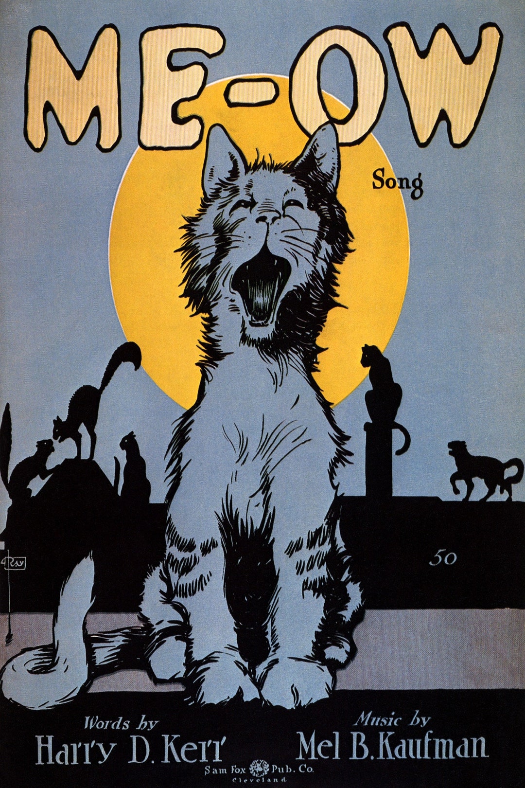 Cat Sing Singing Me-ow Meow Song Music Cats on the Roof Full Moon ...