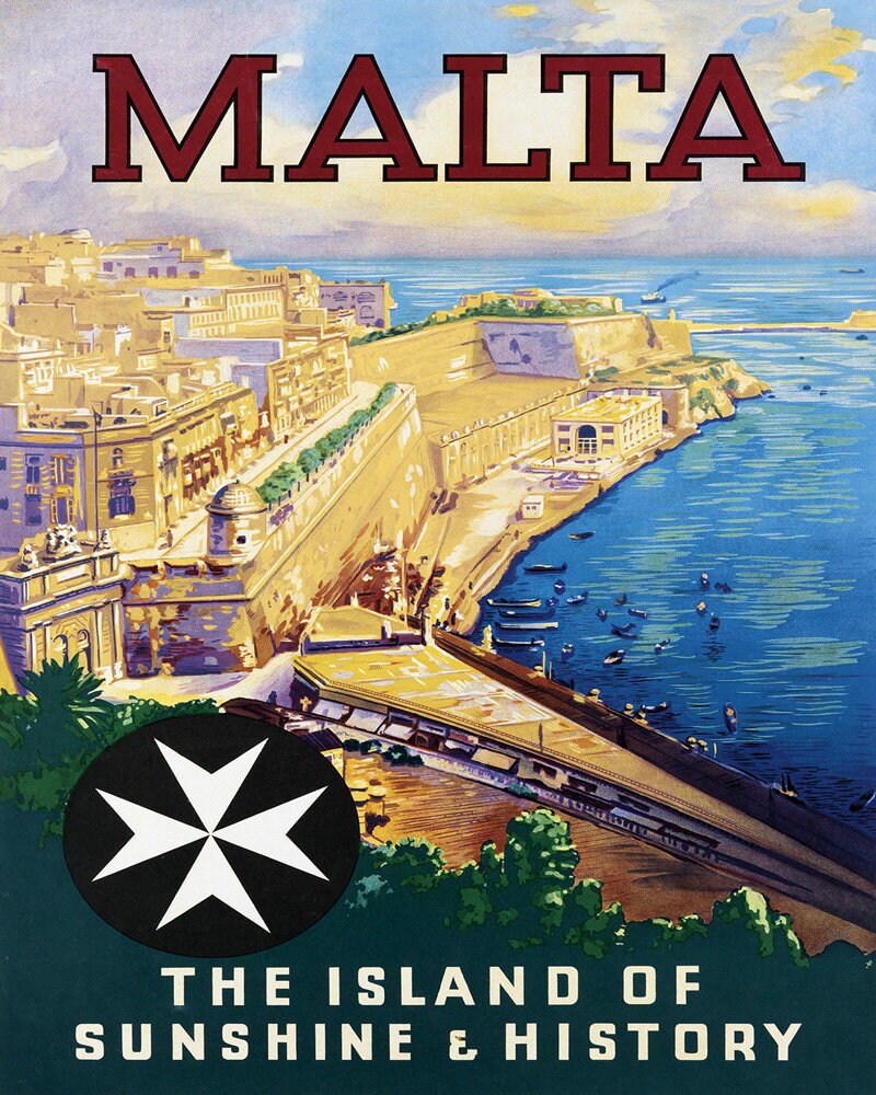 Malta Island of Sunshine and History Travel Tourism Vintage Poster ...