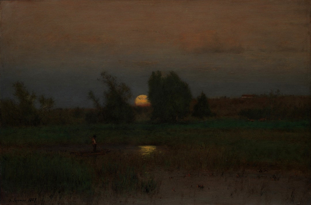 Moonrise Twilight Landscape Moon Rising Over the Marshes 1887 Painting ...