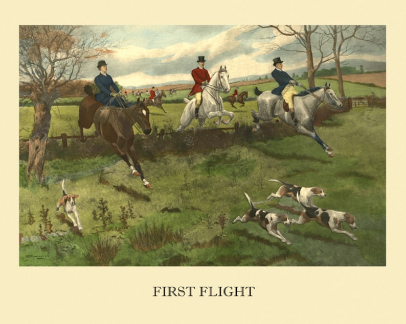 Horse 16"x20" First Flight Lady Fox Hunting Scene With Hounds England ...