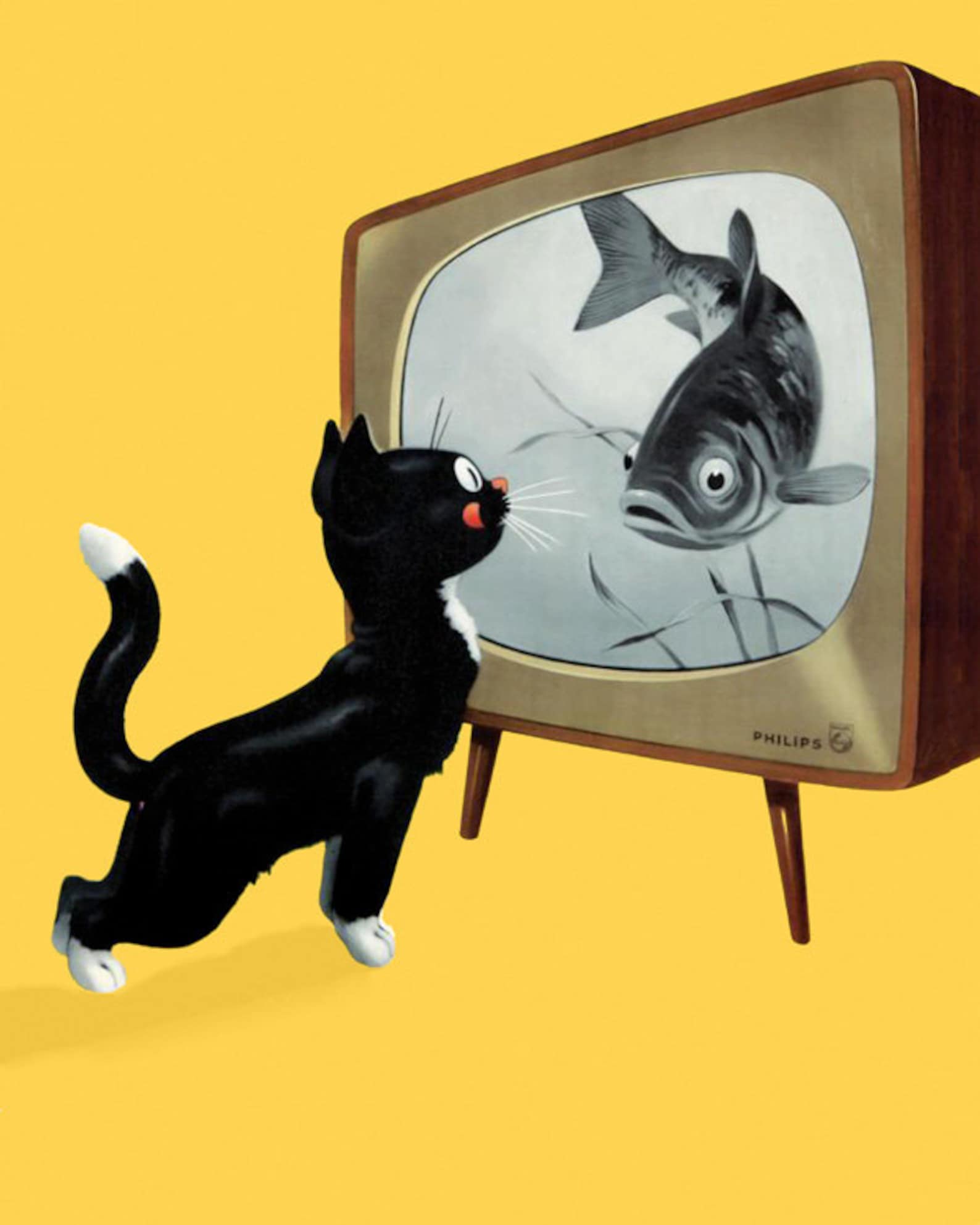 Cat Watching Fish Philips TV Funny Vintage Poster Repro on Matte Paper ...