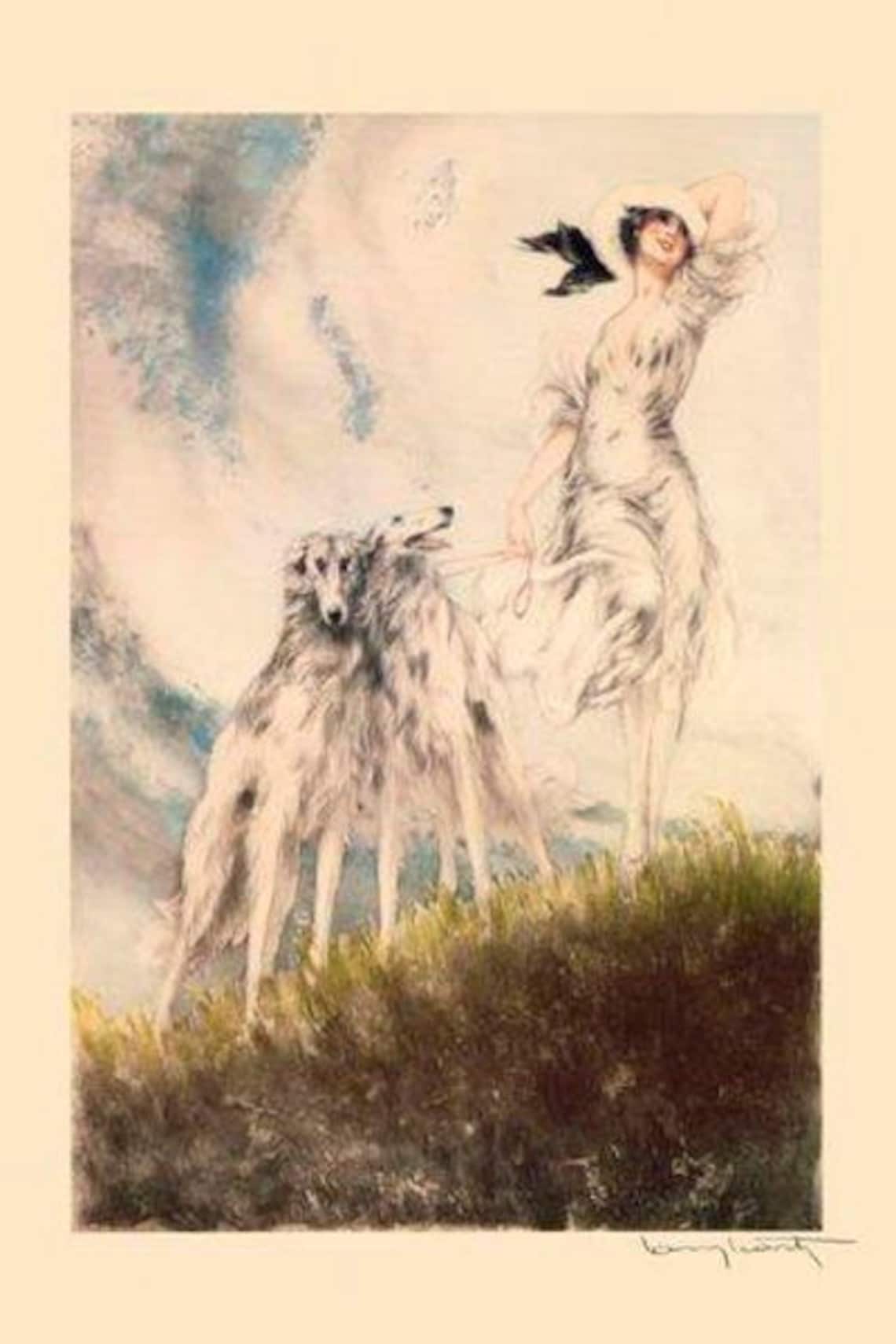 Icart Lady Borzoi Dogs Joy of Life by Louis Icart Fine Art Deco Repro ...