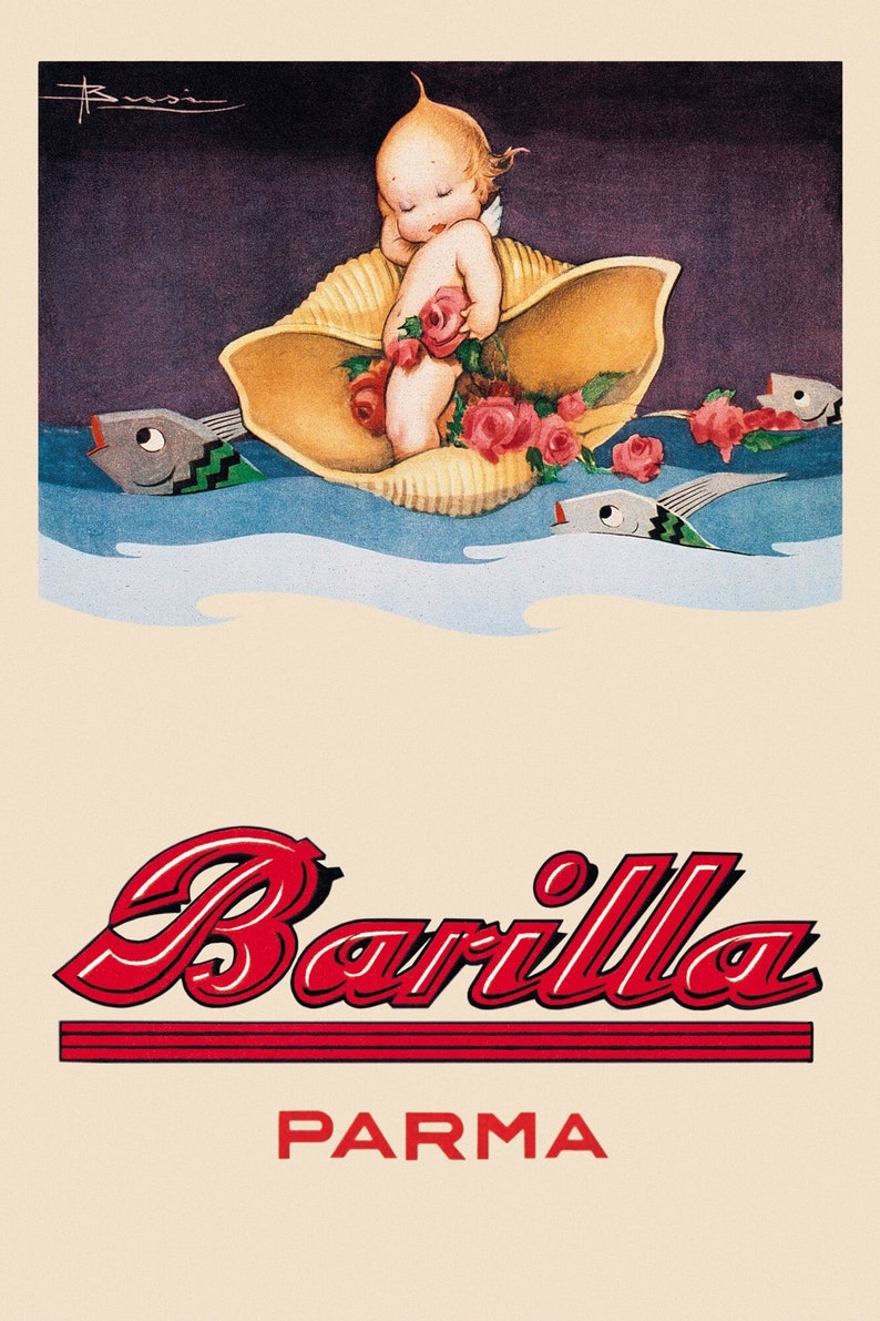 Barilla Parma Italian Pasta Kid Little Angel on Shell Ocean Fishes ...