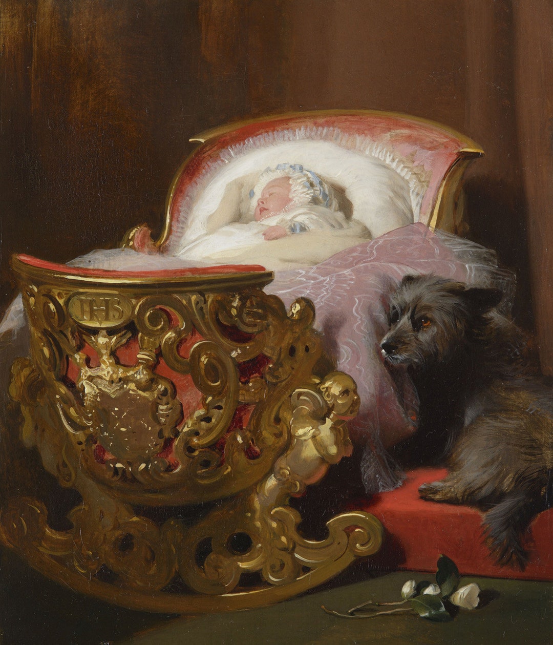 Baby Princess Alice Asleep on Saxon Cradle Watched by the Black Terrier ...