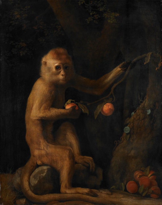 A Monkey Eating Peaches Forest Landscape Fine Painting by - Etsy