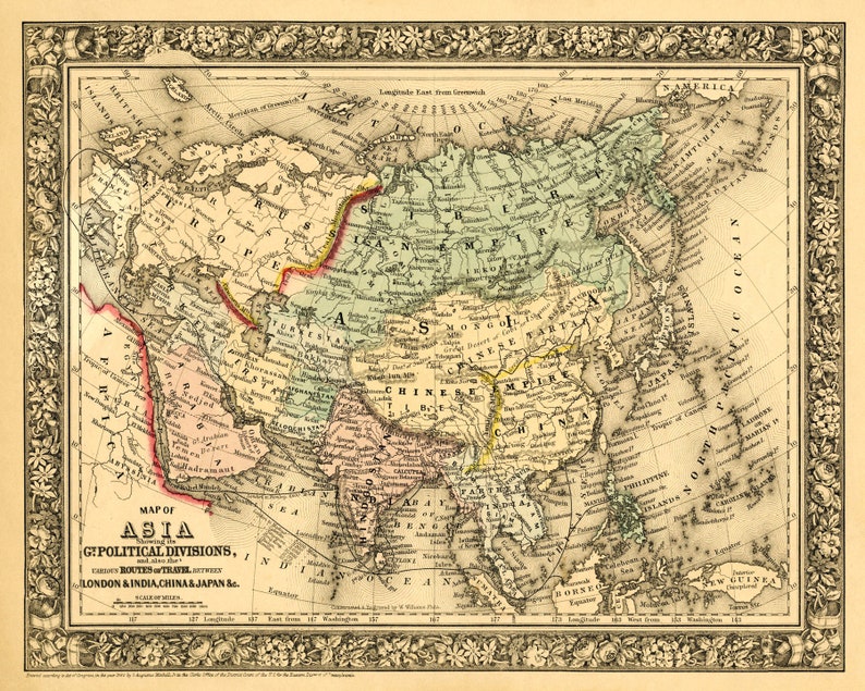 1860 Map of Eurasia Asia Political Divisions Routes of Travel - Etsy