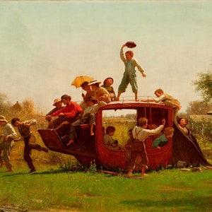 The Old Stagecoach Rural Children Playing Acting as Passengers Horses ...