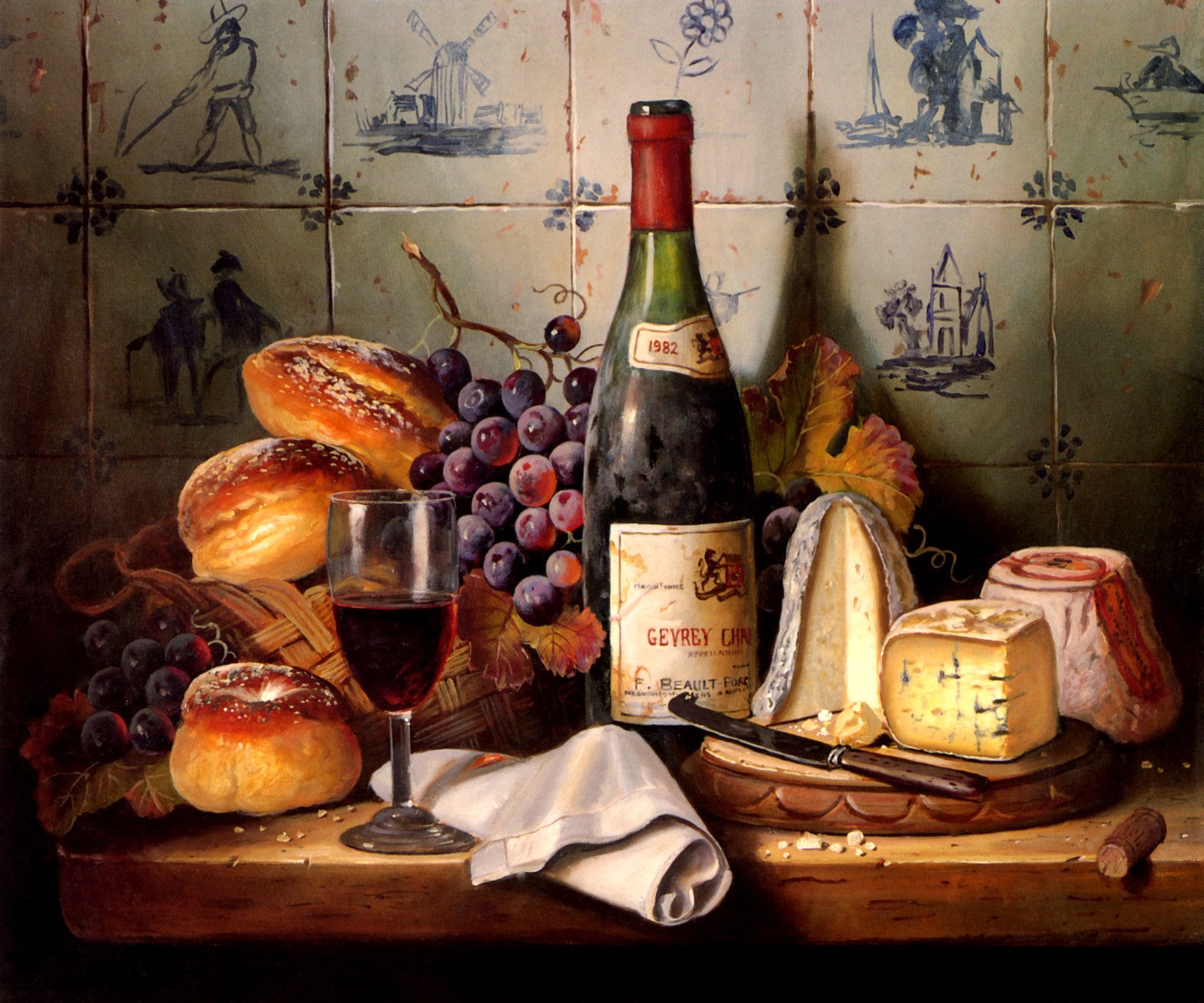 A Fine Meal Table of Cheese Bread Wine Grapes Painting by - Etsy