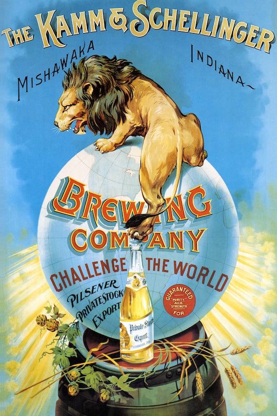 Poster Great Beer Mishawaka Lion Globe Challenge the World | Etsy