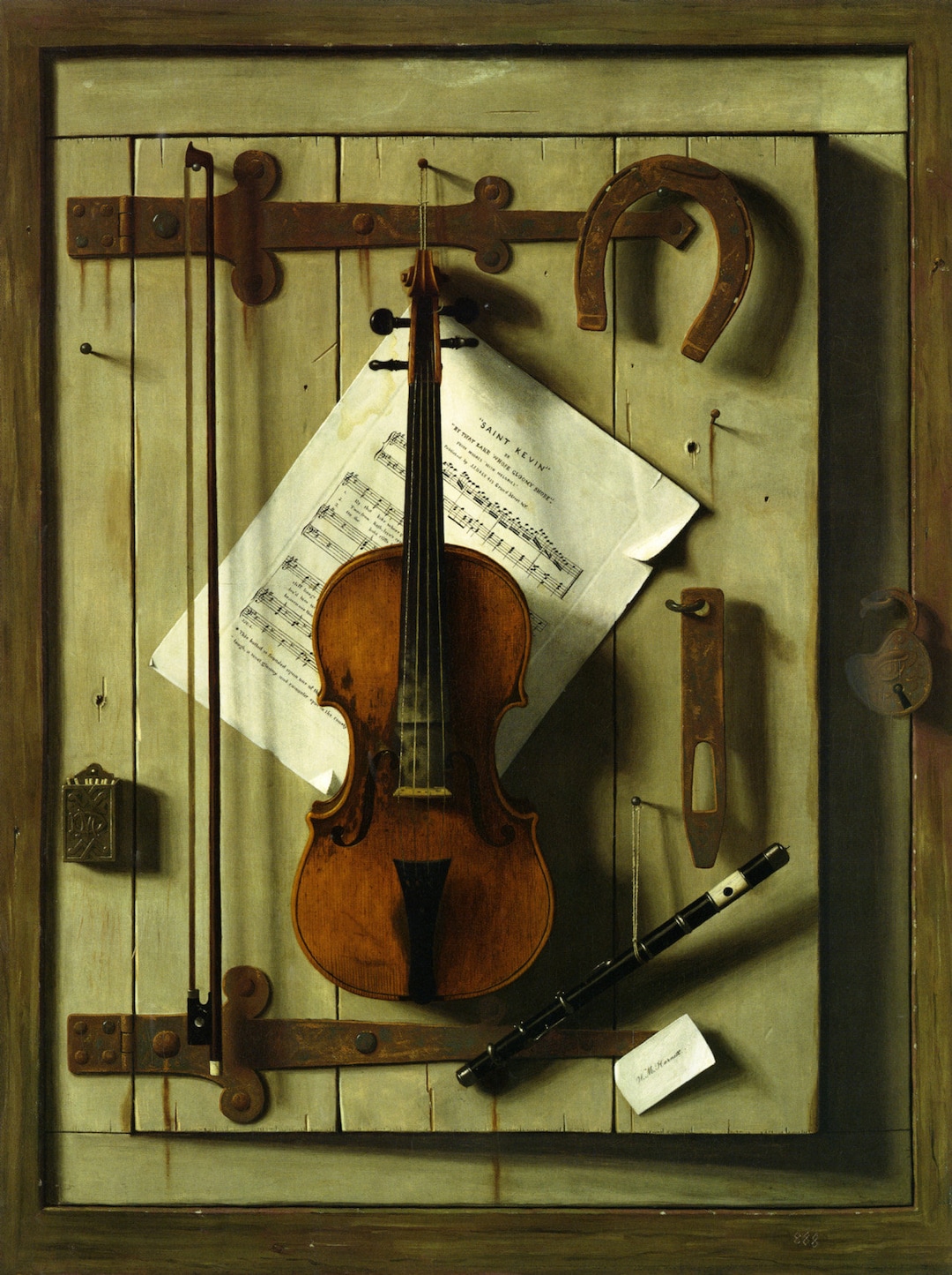 Still Life Violin and Music Sheet Instruments Hang on Hinged Door ...