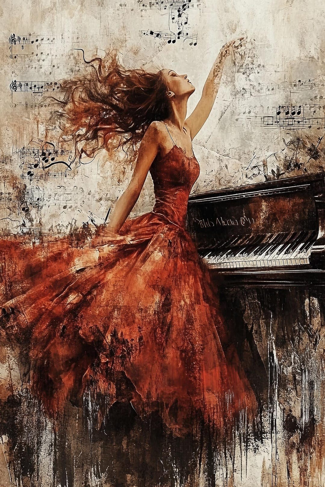 Beautiful Woman Delighted With Piano Music Dancing Dreaming Vintage ...