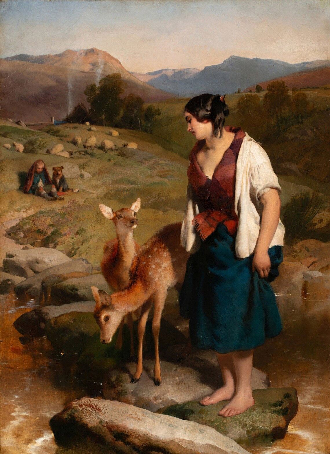 Highland Lassie Crossing a Stream Young Woman Deer Shepherd and Dog ...