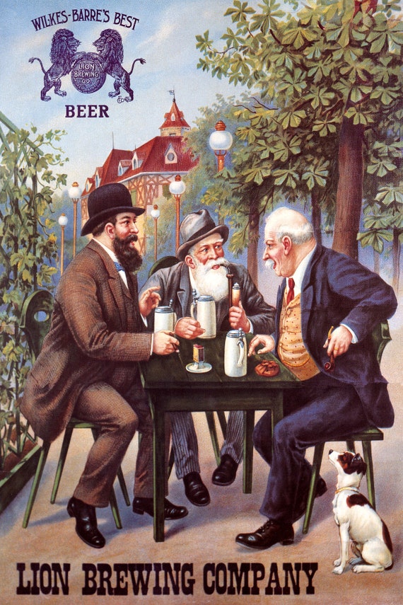 Poster Old Men Having Beer With Dog Lion Brewing Company Bar | Etsy