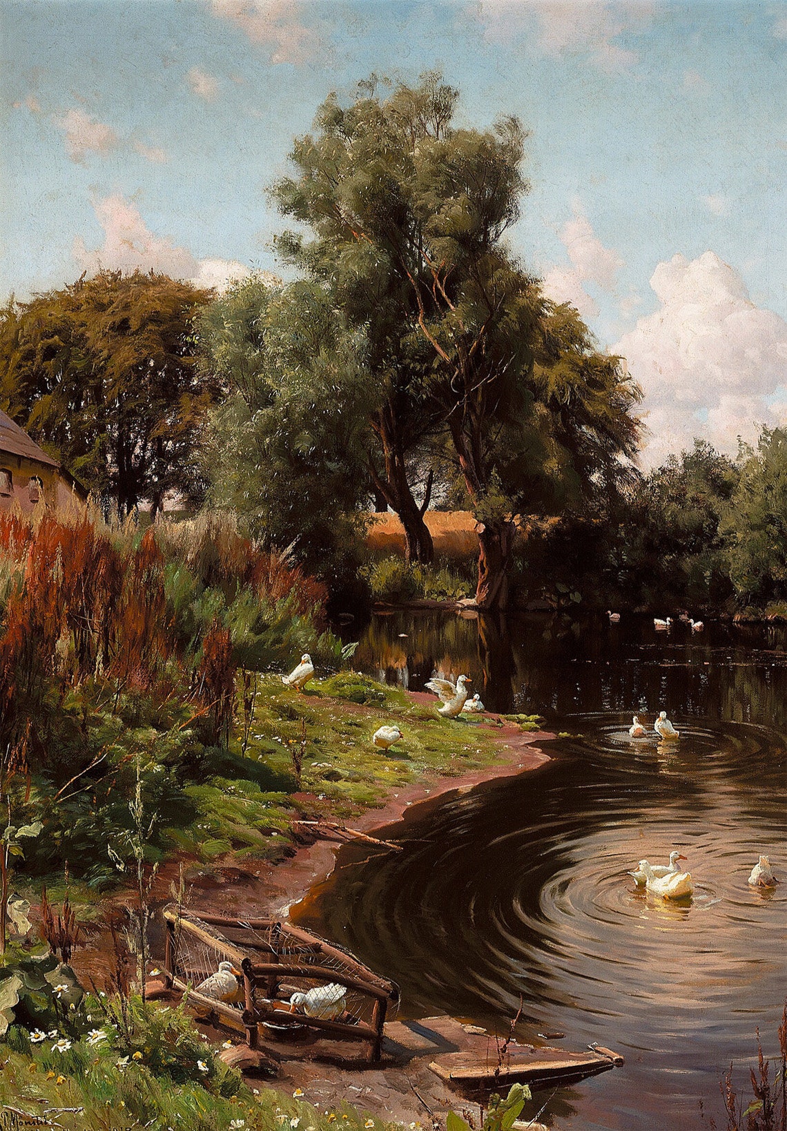 Lake Duck Garden Landscape Houses Realistic Style Painting by Peder ...