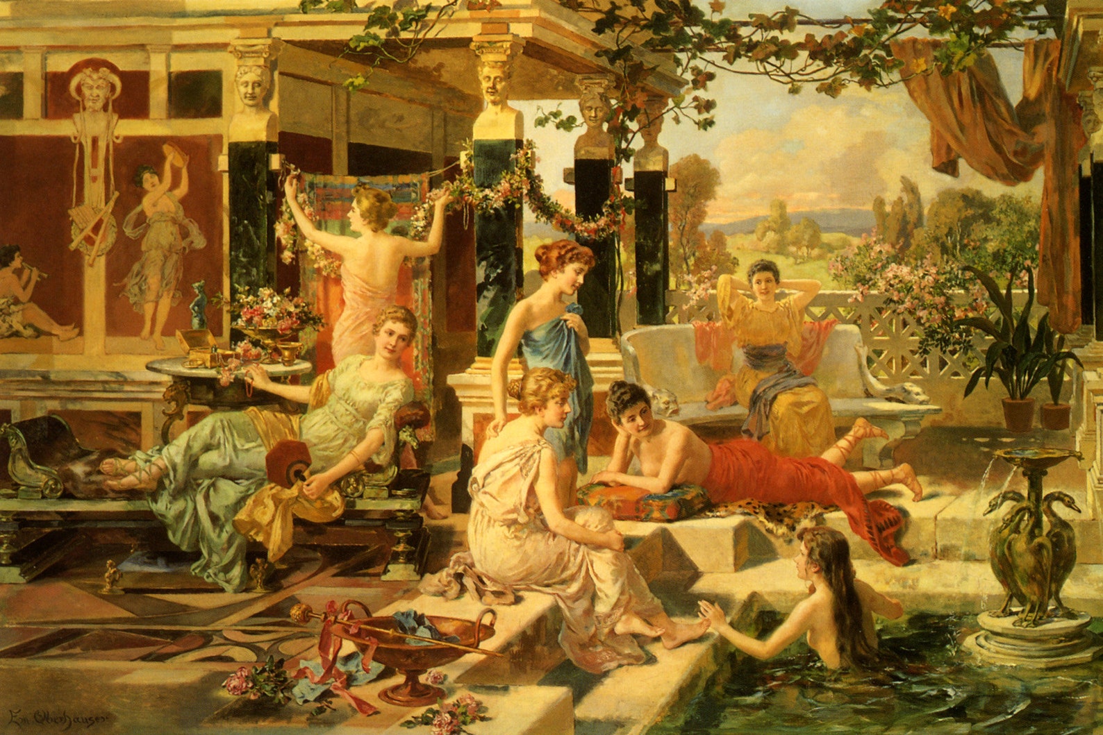 The Roman Bath Young Women Bathing Painting by Emmanuel Oberhausen ...