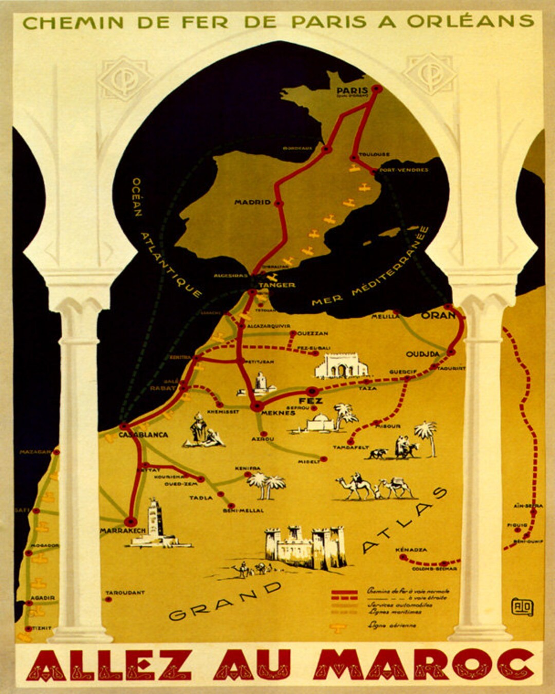 Morocco 16"x20" Casablanca Map Travel Atlas Arab Arabic Tourism Vintage ...