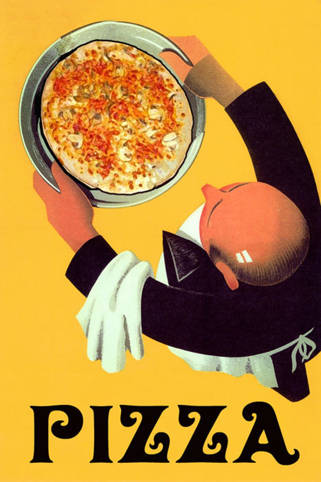 Food Pizza Waiter Restaurant Italian Kitchen Art Vintage Poster Repro ...