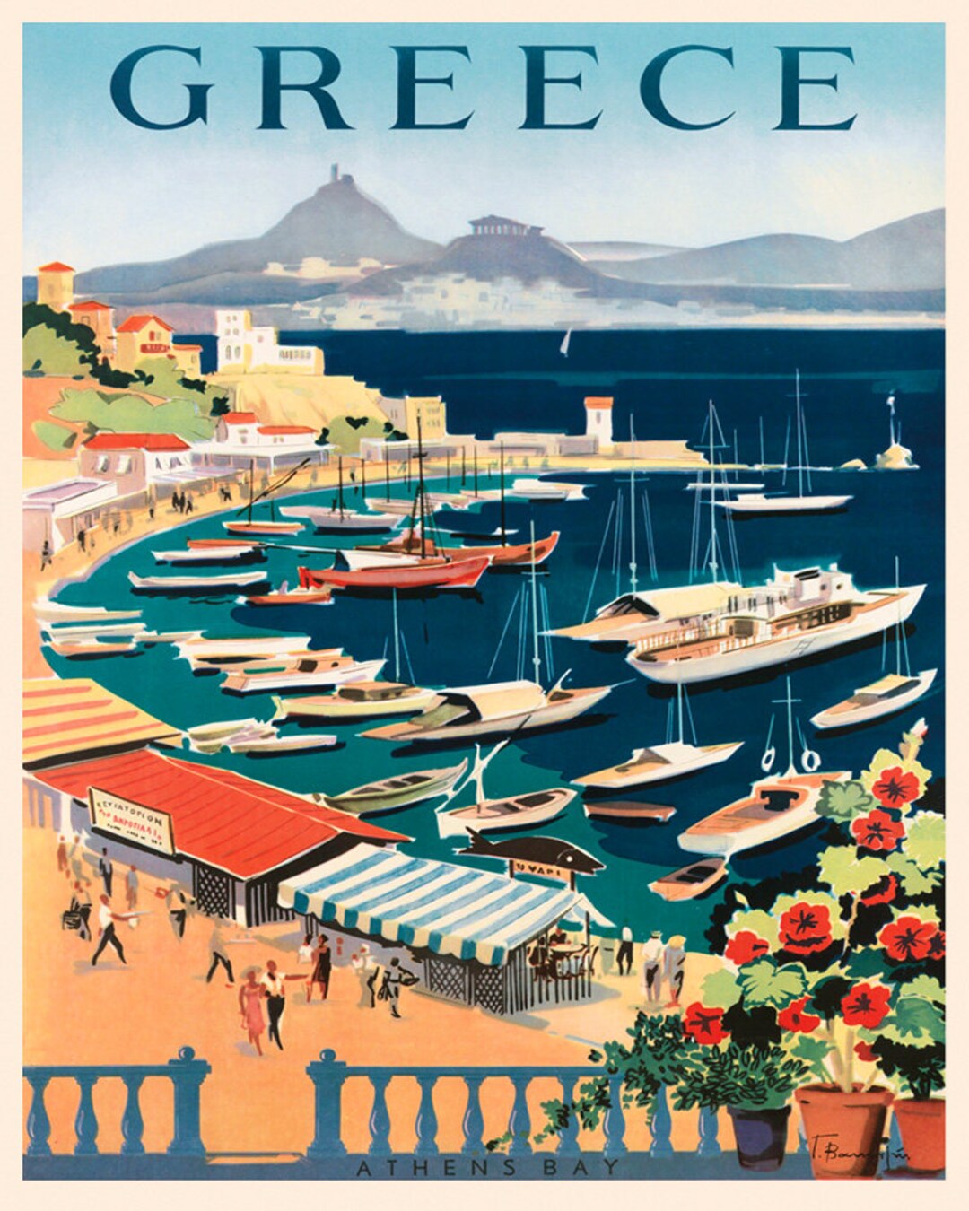 Greece Athens Bay Boats Beach Ocean Travel Tourism Vintage Poster Repro ...
