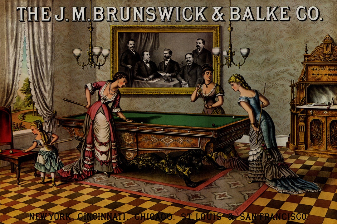 Girl Fashion Ladies Playing Poll Table Brunswick & Balke Billiards ...