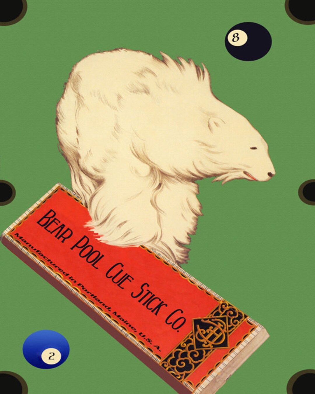 Billiards 16x20 Pool Game Room Polar Bear American Sport Vintage Poster ...