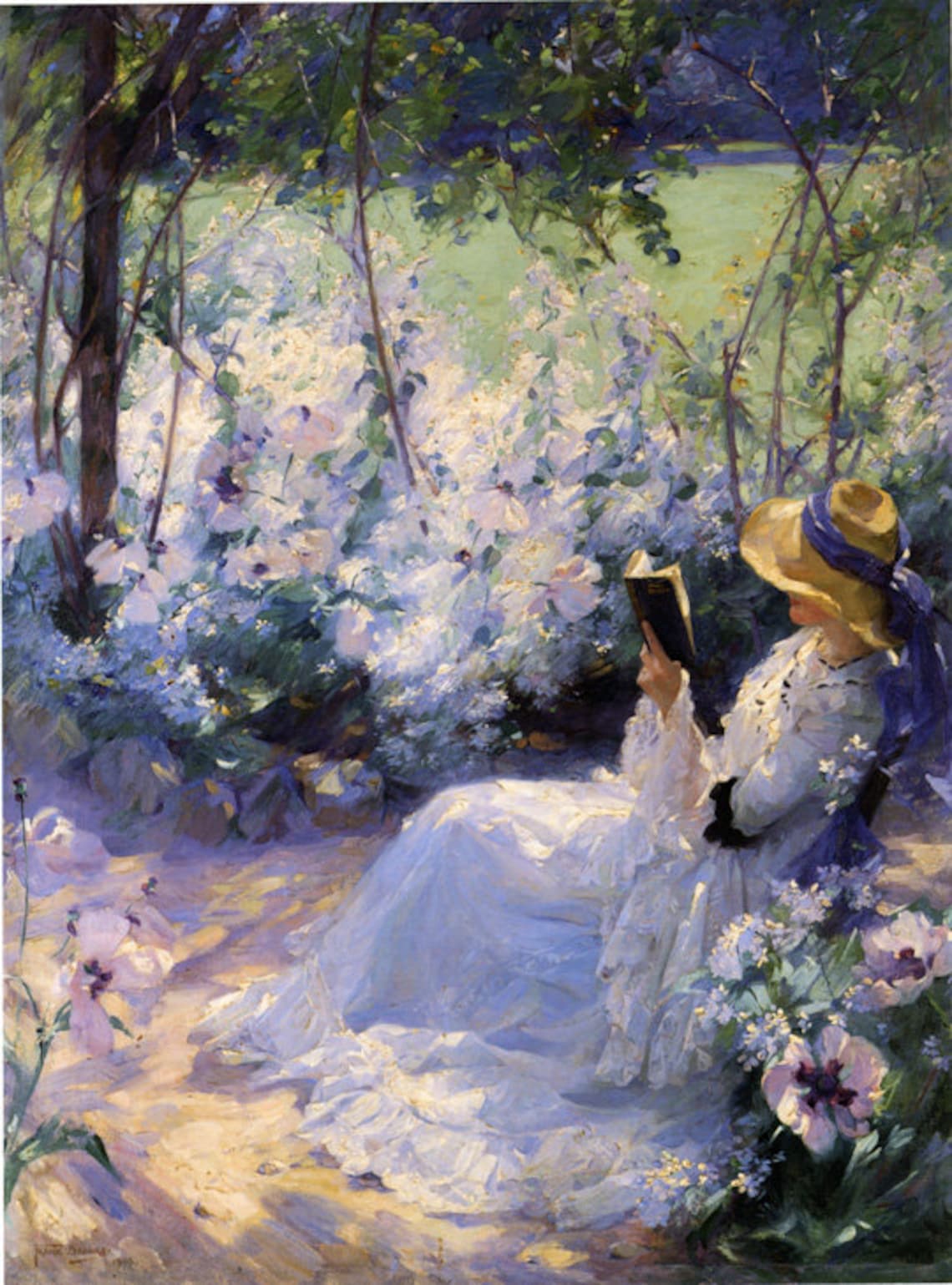 Delicious Solitude Woman Reading Book Summer Garden Trees Flowers 1909 ...