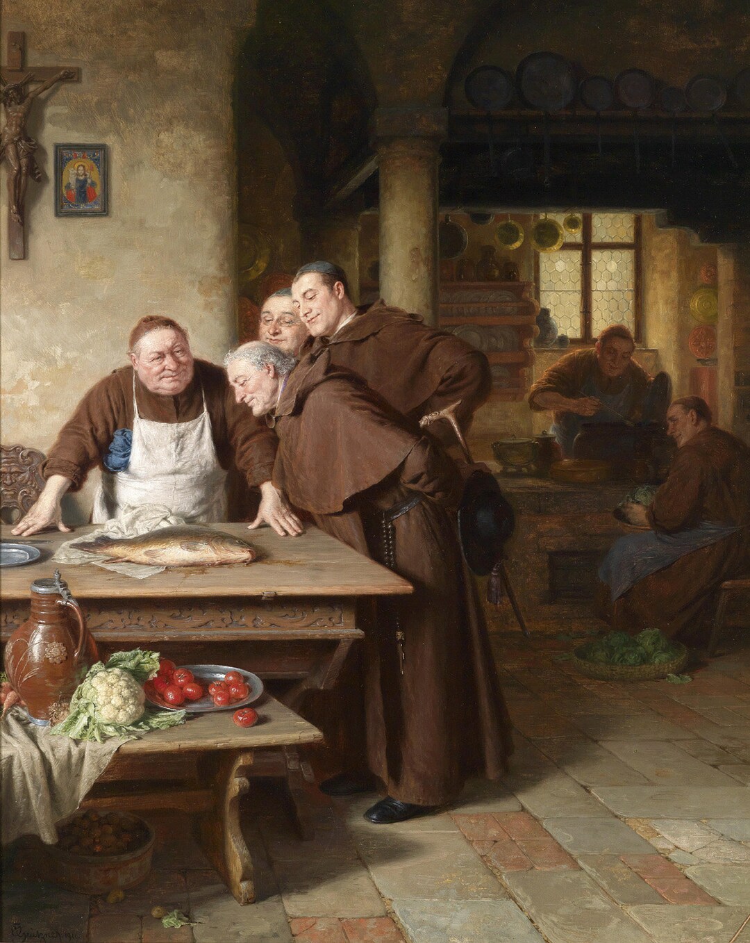 In the Monastery Kitchen Monks Cooking Fish Vegetable 1911 Painting by ...