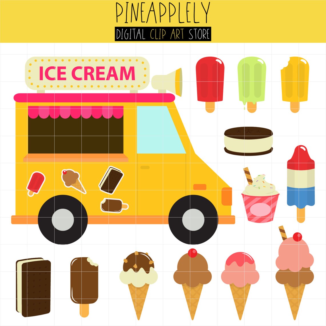 Ice Cream, Ice Cream Truck, Popsicle, Sundae Dessert Digital Clip Art ...