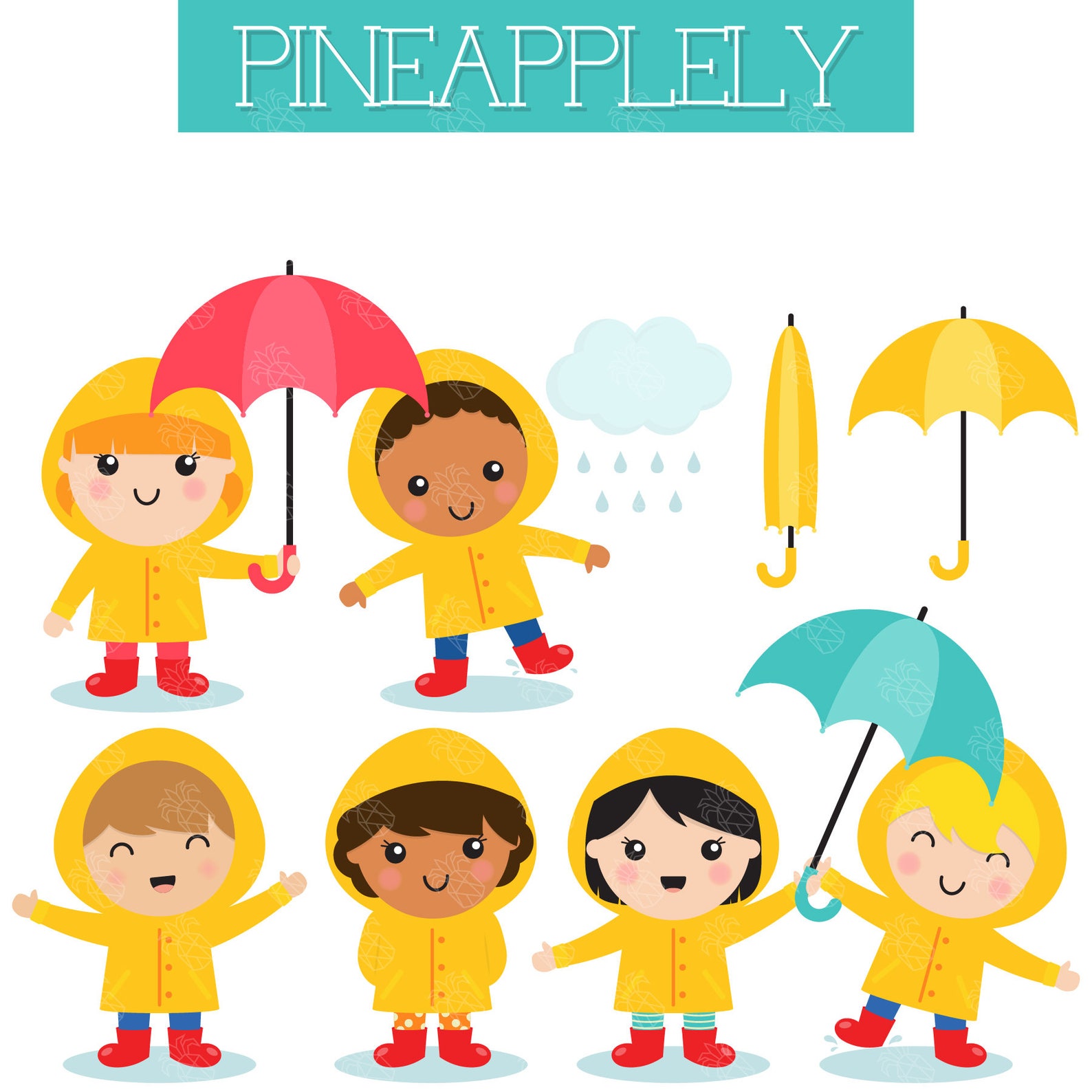 Rainy Day Kids, Rain Coat Children, Fun in the Rain Digital Clip Art ...