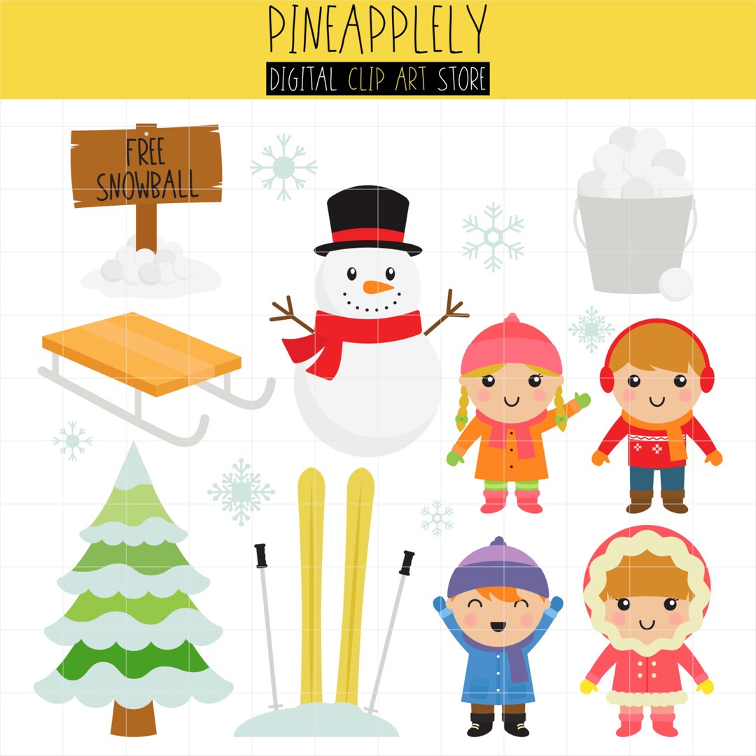 Winter Kids, Snow Playing, Snowman, Sled, Snowflakes Digital Clip Art ...