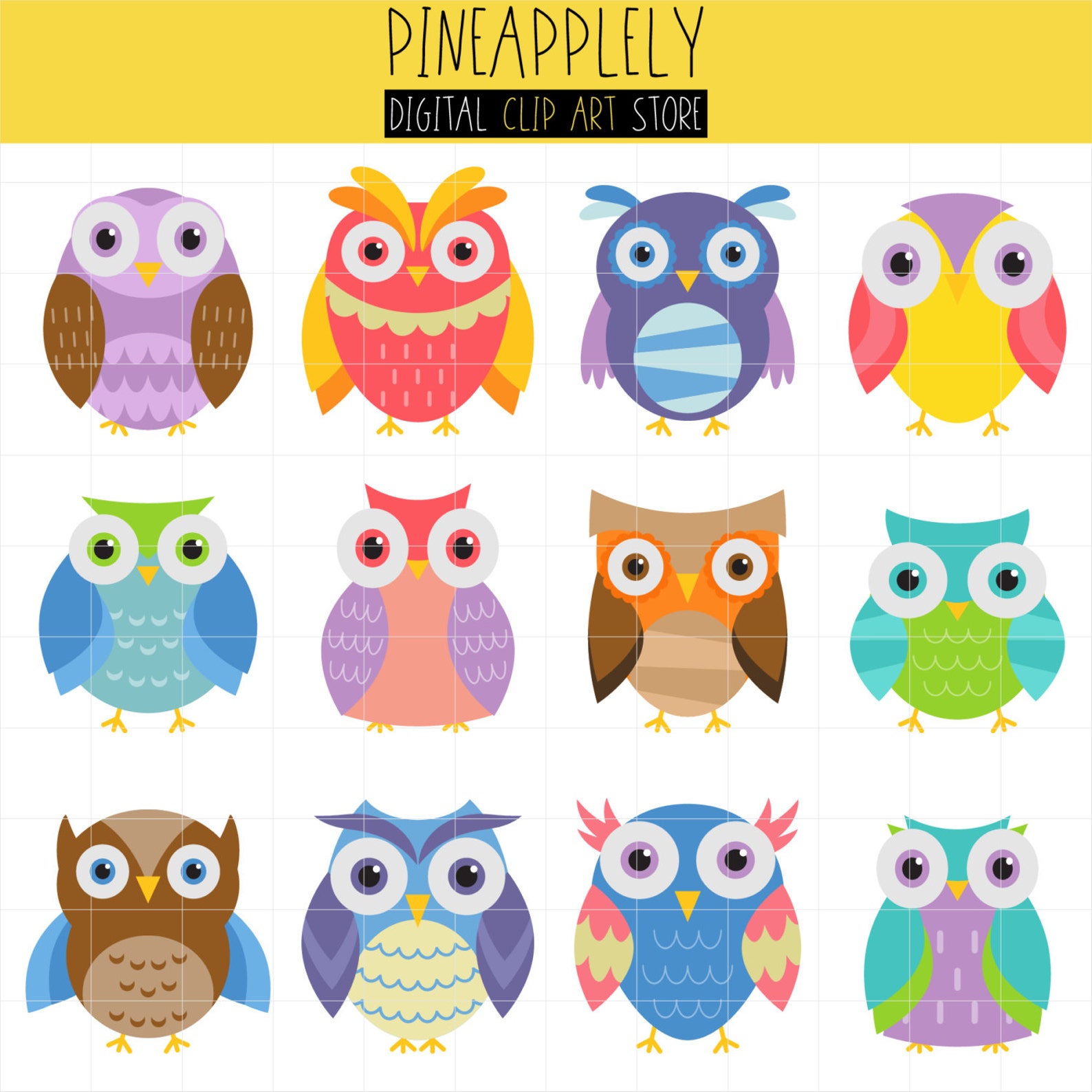 Cute Owls, Colorful and Bright Night Owls Digital Clip Art for Planners ...