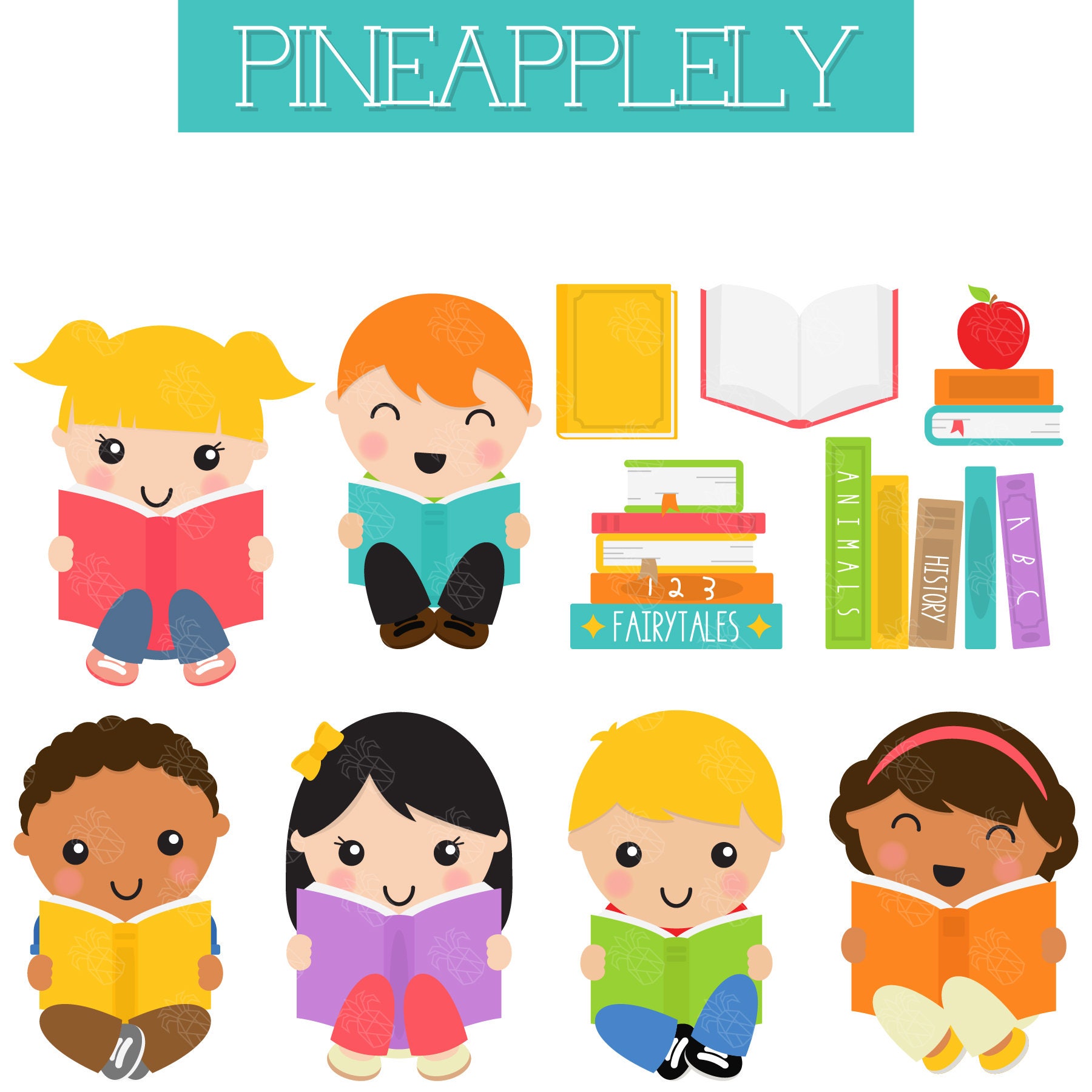 Kids Reading Books, Book Lovers, Library Digital Clip Art for Sticker ...