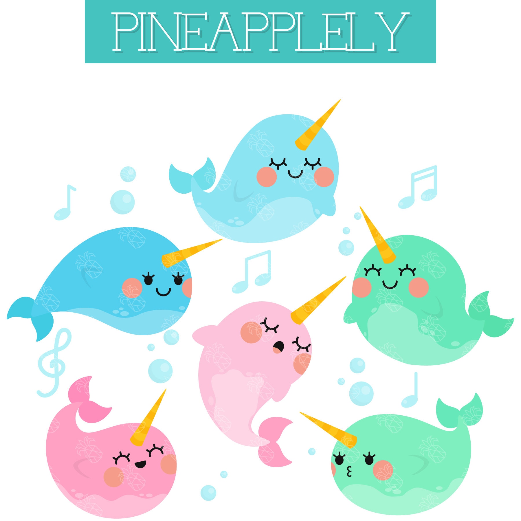 Adorable Narwhals, Colorful Sea Creature, Arctic Fish Digital Clip Art ...