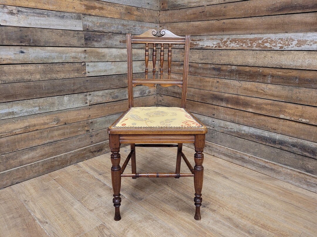 Antique Edwardian Hall Bedroom Chair Spindle Backed Floral Seat Fabric ...