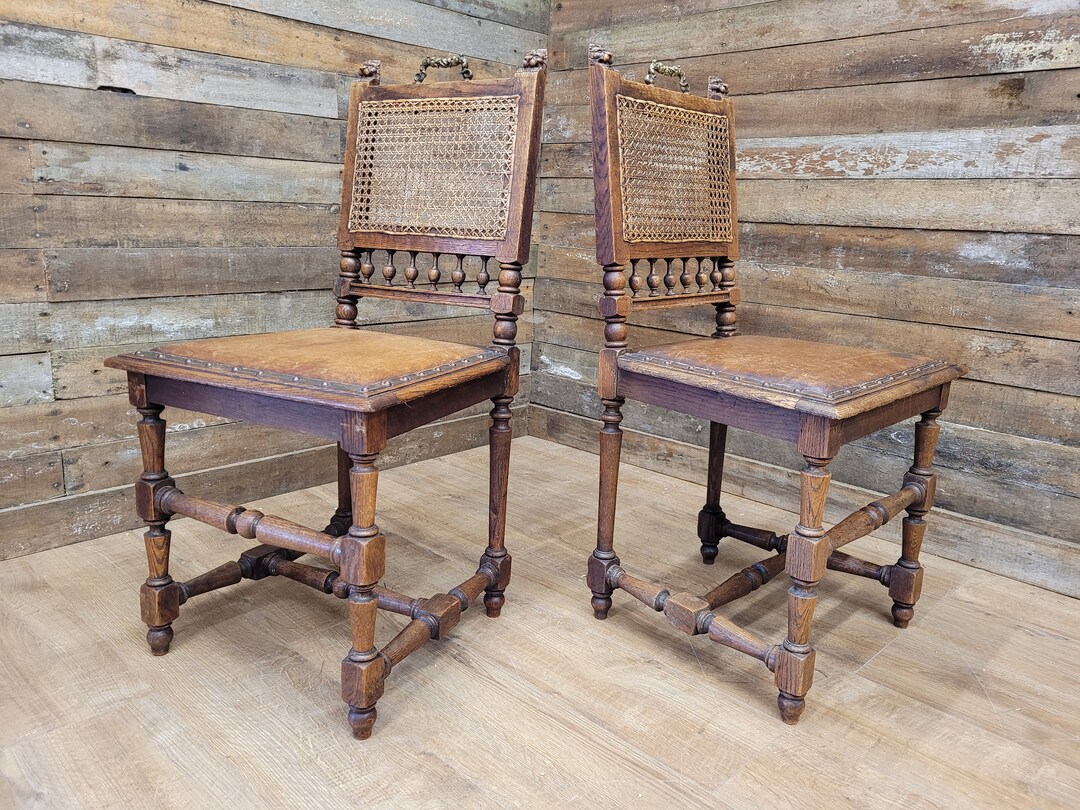 Two Antique Oak Chairs Bergere Reed Back Brown Leather Seats Lion Head ...