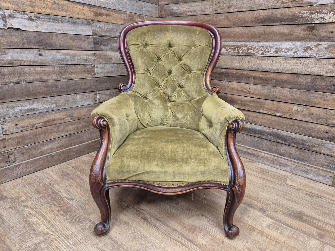 Antique Victorian Spoon Back Armchair Green Velvet Ball Feet Upholstery ...
