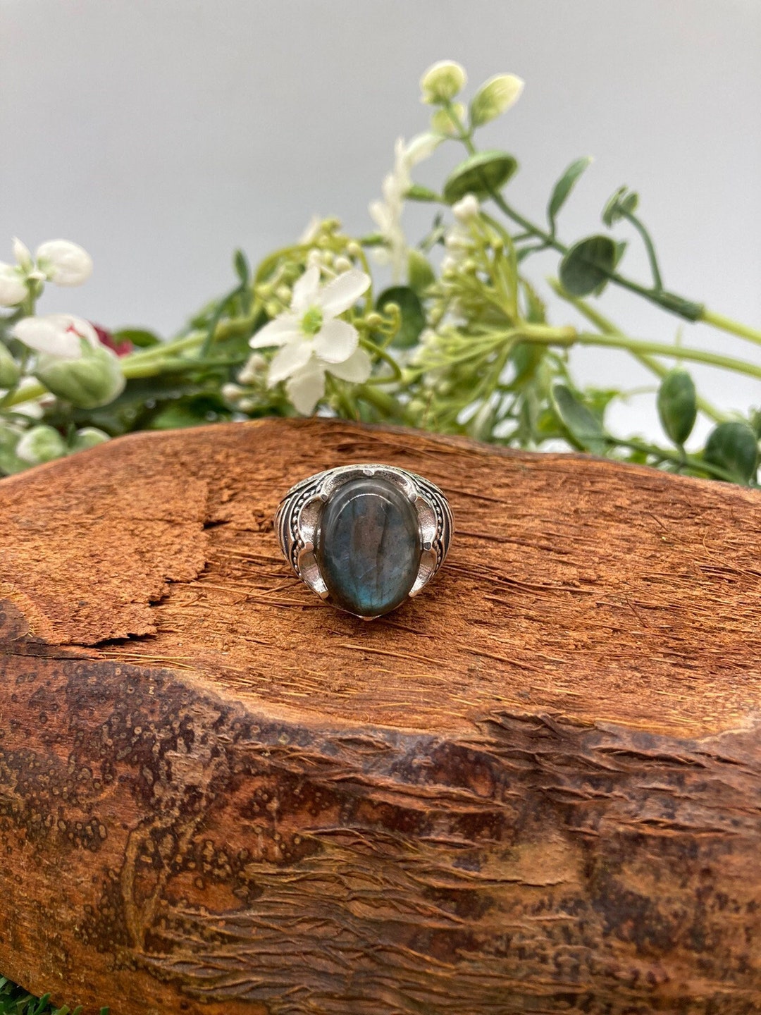 Labradorite Crystal Sterling Silver 925 Cabochon Cut Statement Ring Top ...